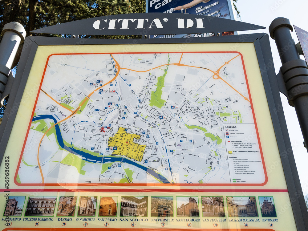 PAVIA, ITALY - FEBRUARY 22, 2019: outdoor city map with pictures of ...