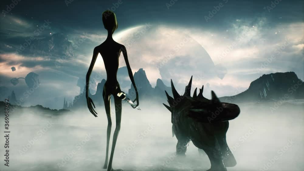 An alien with his unusual animal go hunting. Landscape of a creepy ...