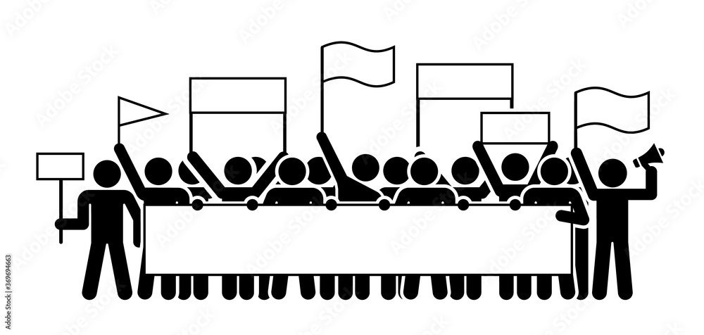 Supporters holding slogans and flags. Icon set of demonstration and ...