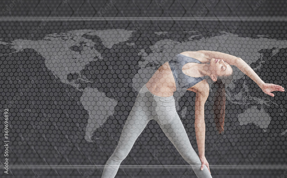 Digital world map on picture. Young woman with slim body shape in ...