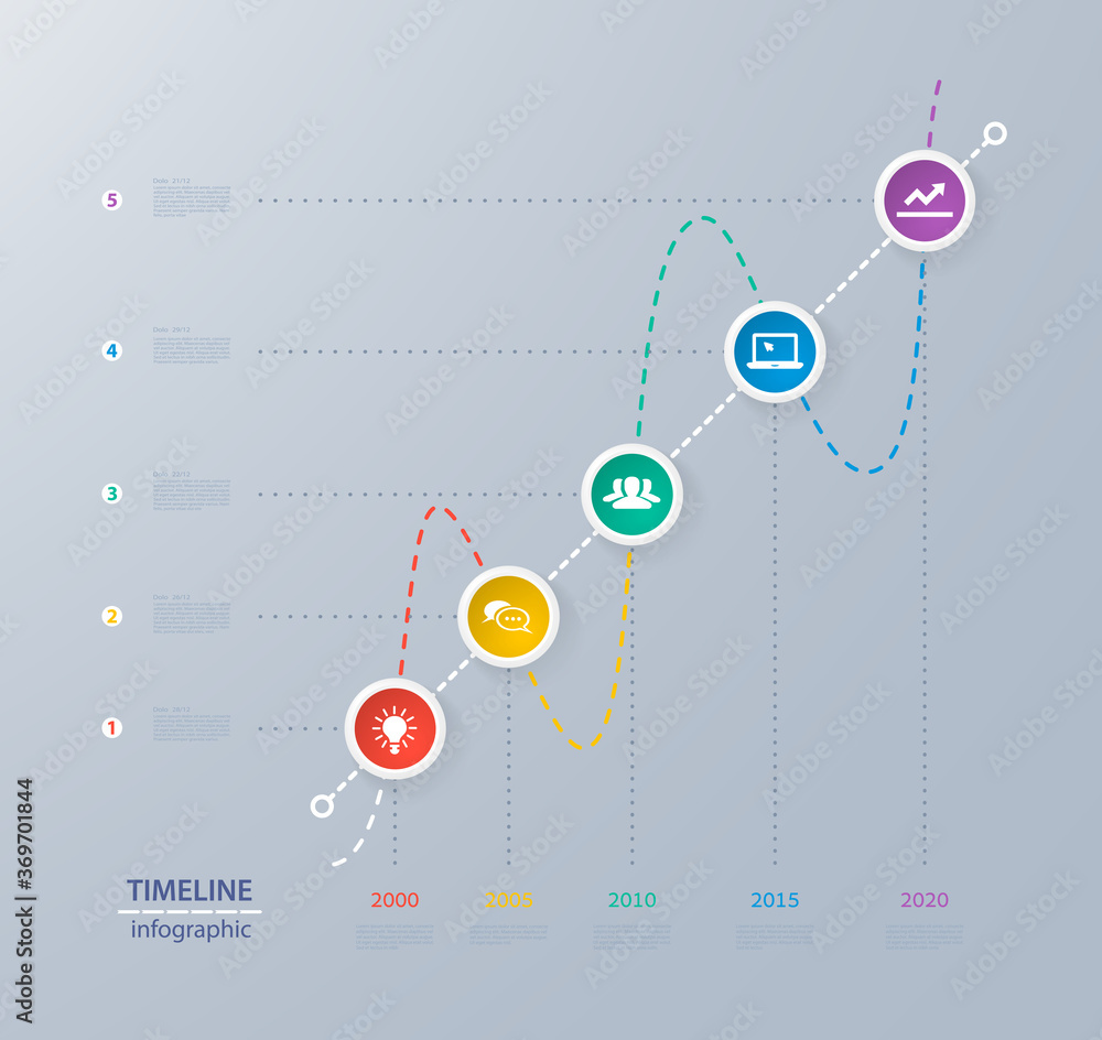 Infographics timeline template with realistic colorful circles for 5 ...