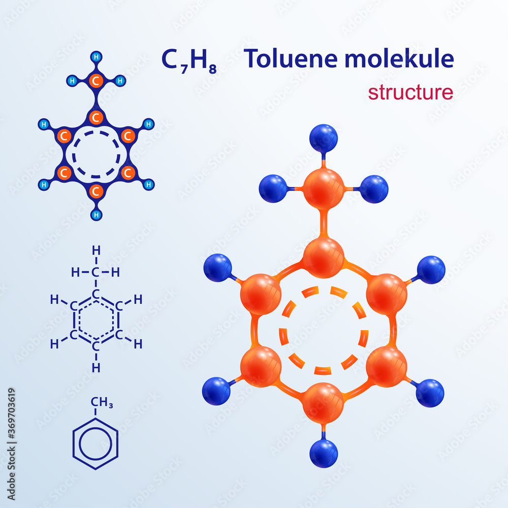 Structure Of Molecules 3 D Toluene Molecule Icon And Chemical Formula C7h8 2d And 3d Vector