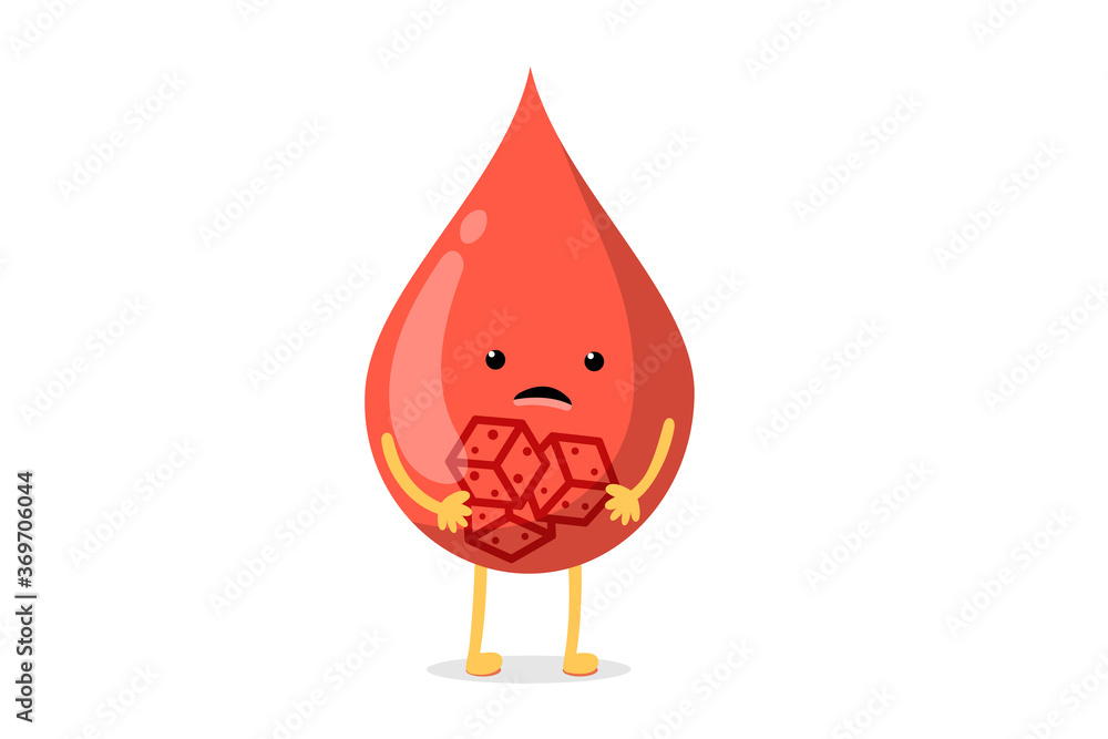 Blood drop sad sick character with sugar pieces inside. Testing blood ...