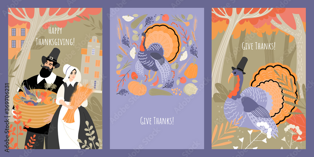 Set of vector thanksgiving cards with people in pilgrim costumes and ...