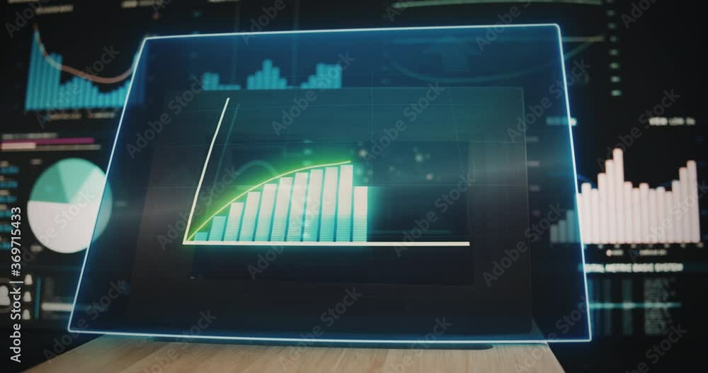 Modern workplace home office with green graph moving up chart as growth ...