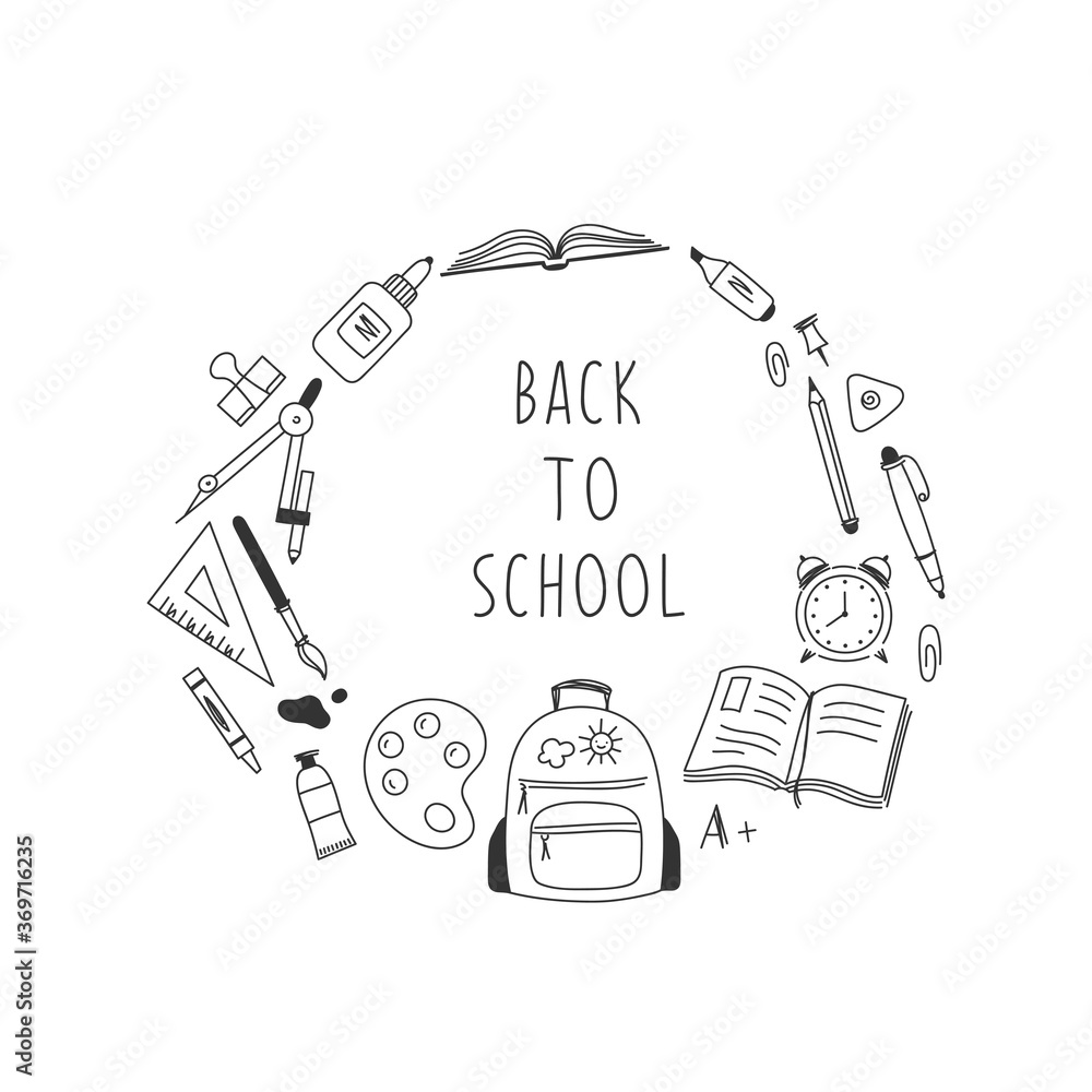 Frame of hand-drawn school and student stationery objects. Inscription ...
