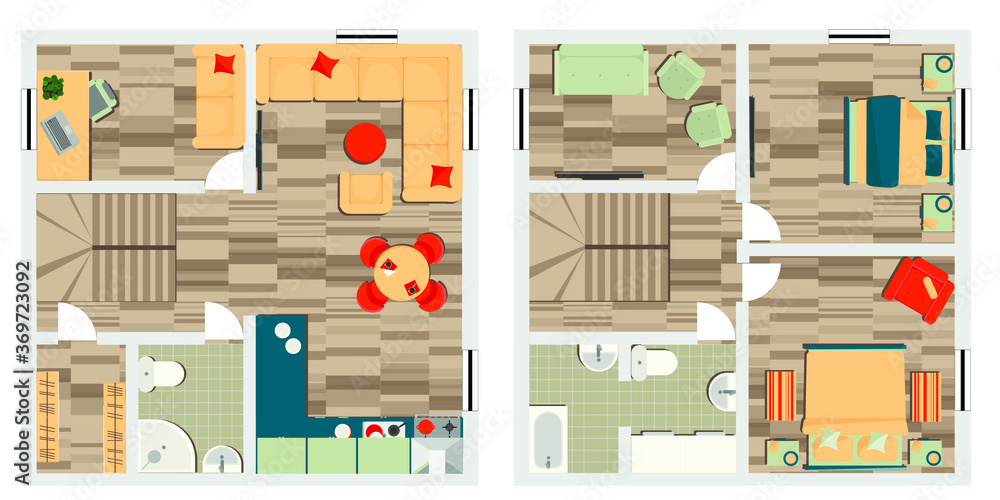 House floor plan with furniture. Top view. Two floors. Flat Design ...