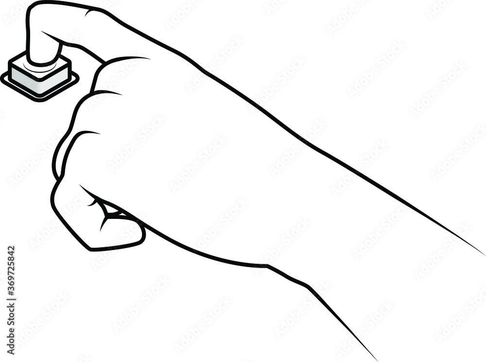 Line drawing of a human hand resting on and about to press a button ...