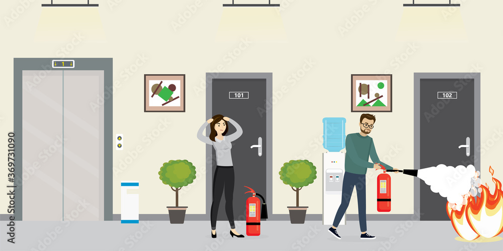 Caucasian office worker man holds red fire extinguisher. Cartoon people ...