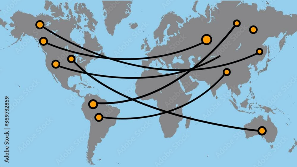 the map is crossed by airlines. travels. cities and continents are ...