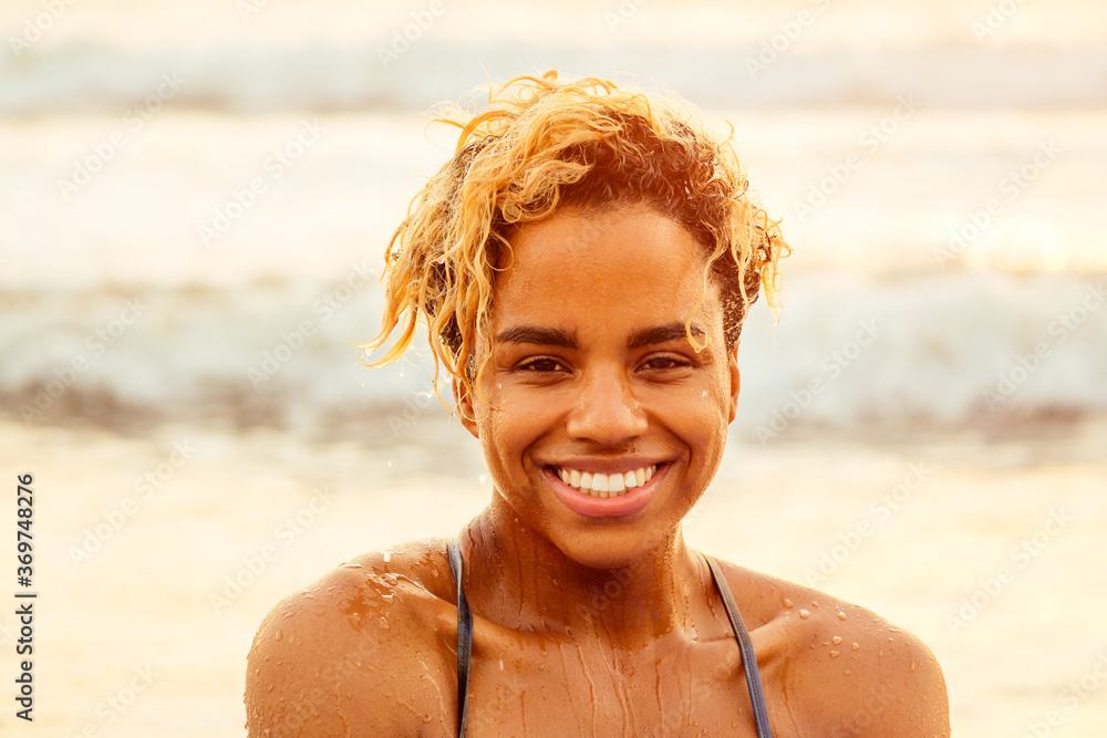 beautiful portrait of african american surfer woman with wet afro ...