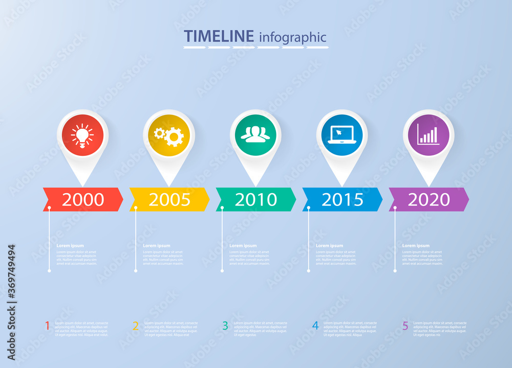 Infographics timeline template with realistic colorful circles for 5 ...