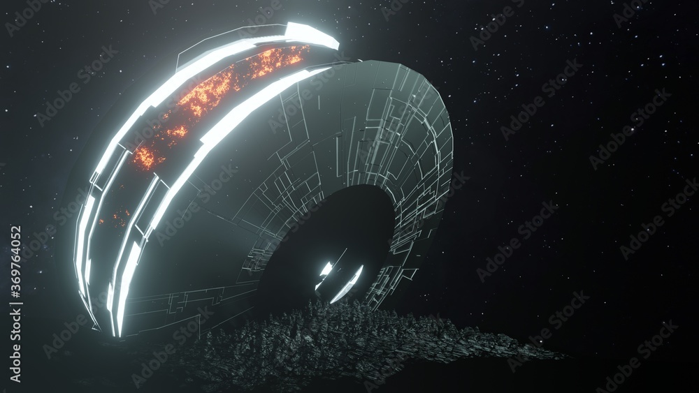 3d illustration crash site of alien space craft, flying disc crashed ...