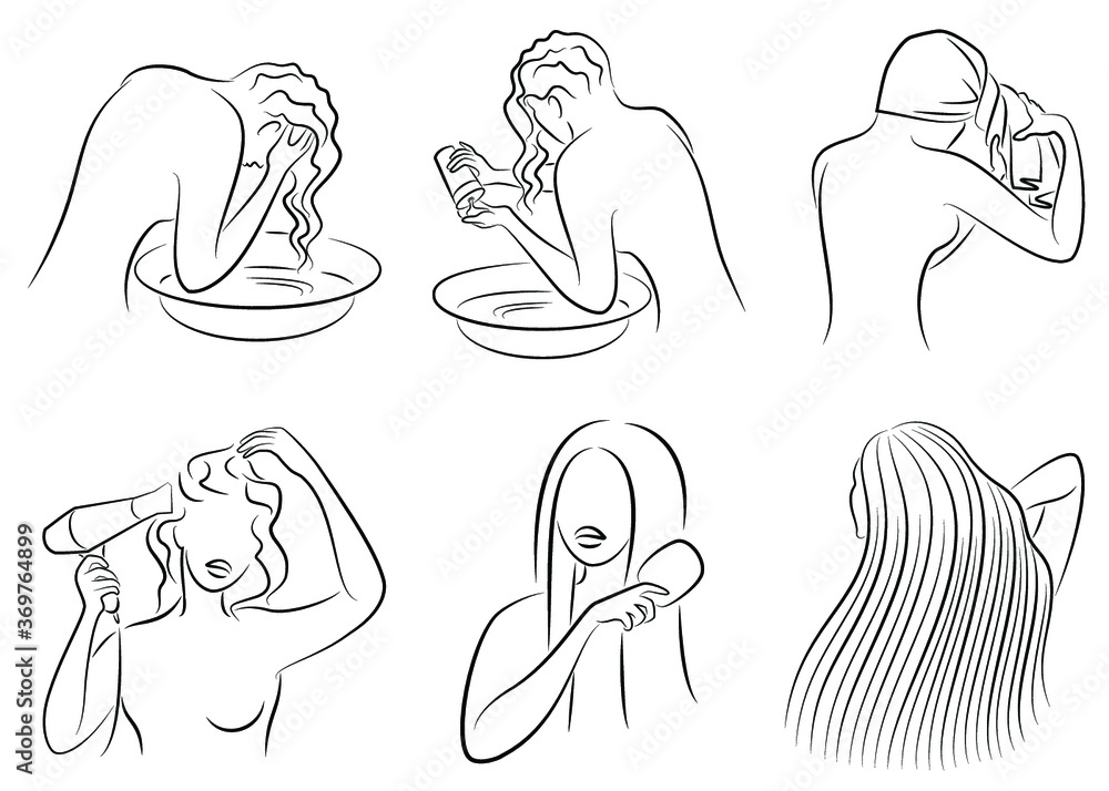 Collection. Silhouette of a woman washes her head. Lady dries her hair ...