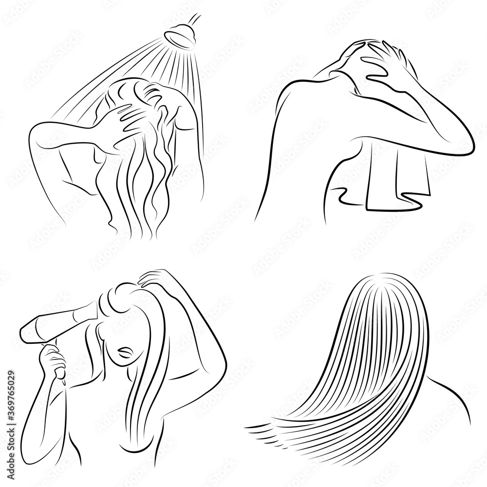 Collection Silhouette Of A Woman Washes Her Head Lady Dries Her Hair