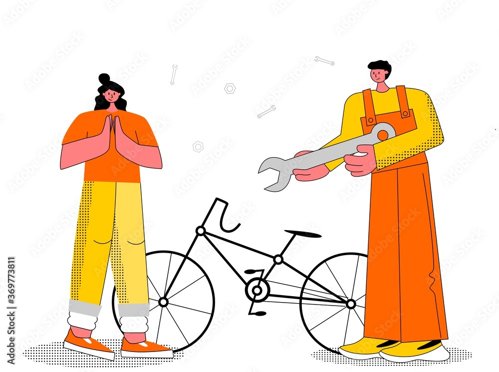 Bicycle repair male female mechanics service isometric set with tandem ...