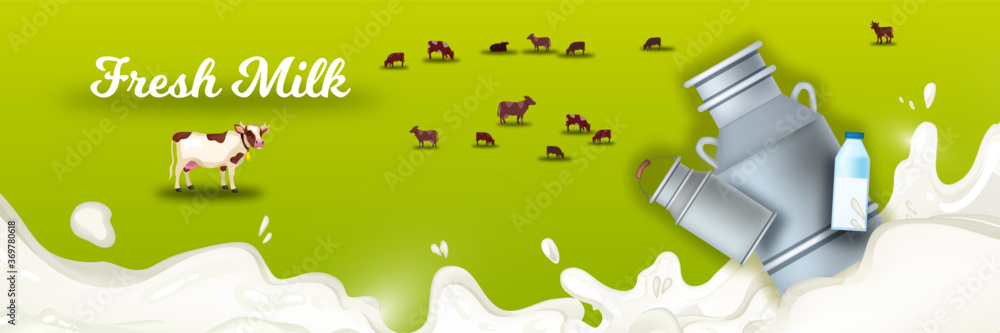 Milk farm background with grazing cows, splash, can, bottle, green ...