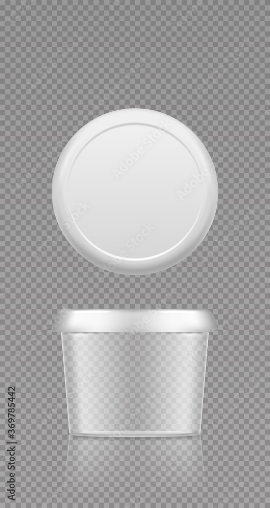 Empty transparent butter, cheese or margarine circle container with lid ...