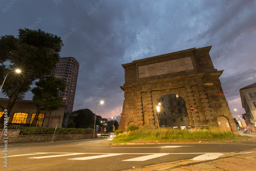 Foto de Milan, Italy - August 2, 2020: twilight long exposure of a street view in Porta Romana ...