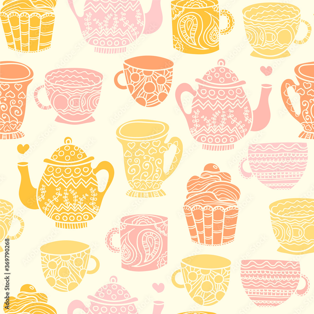 Different tea cups, pots background. Tea time seamless pattern. Design ...