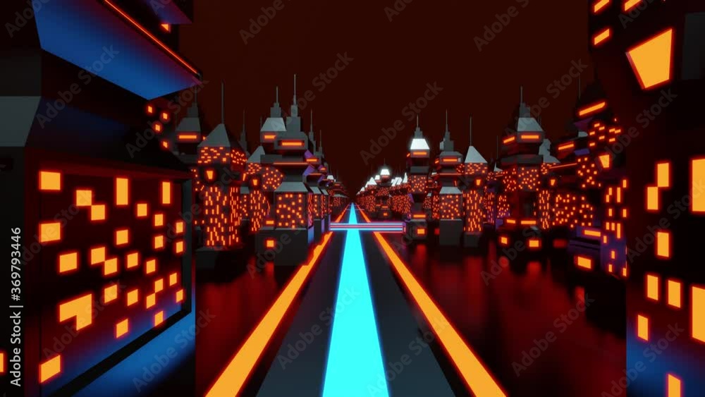 3D Animation of a classic computer game city in the 80s style. vídeo do ...