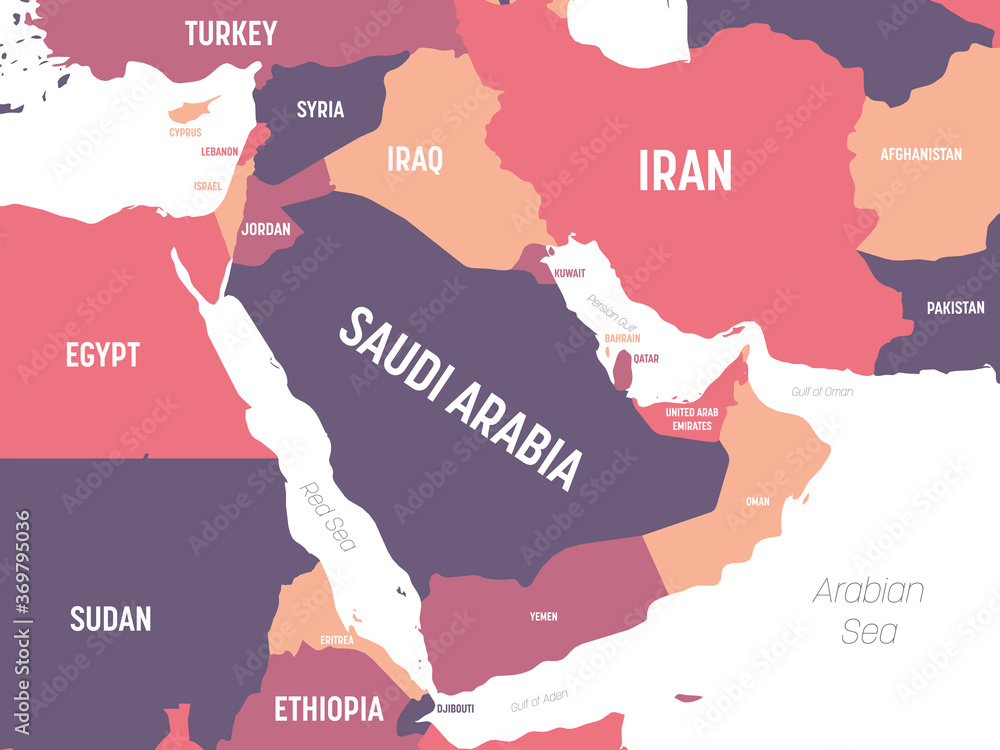 Middle East map. High detailed political map of Middle East and Arabian ...