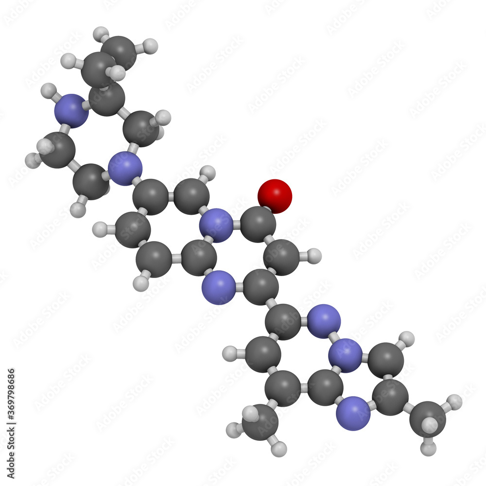 Risdiplam Spinal muscular Atrophy drug molecule. 3D rendering. Atoms ...