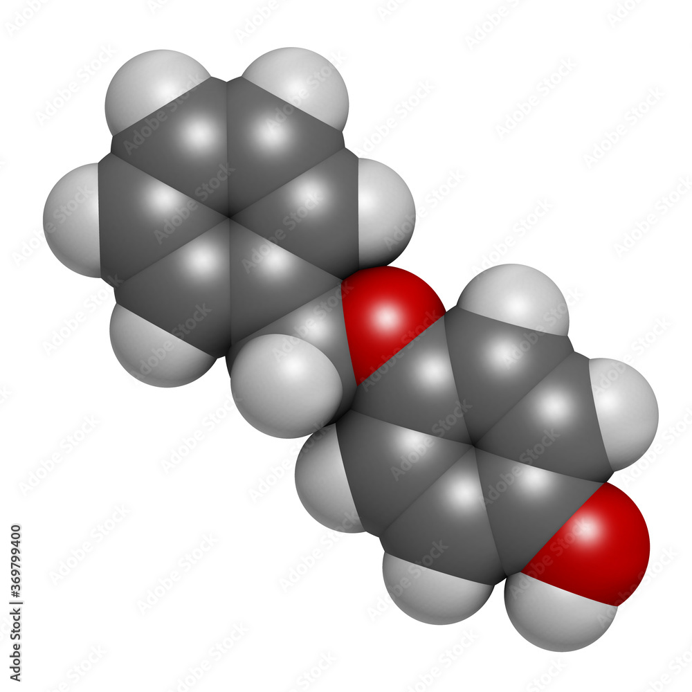 Monobenzone drug molecule. 3D rendering. Atoms are represented as ...