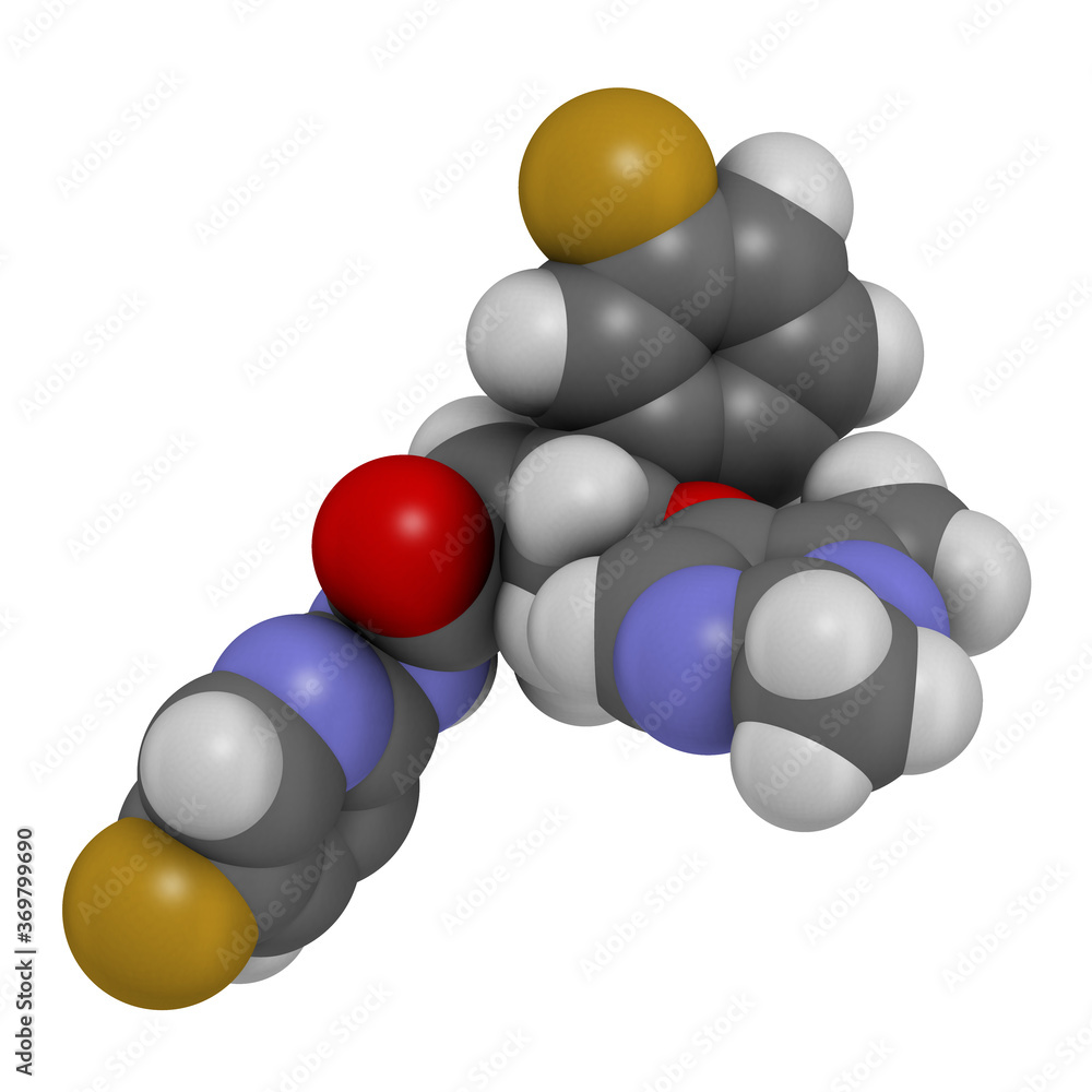 Lemborexant insomnia drug molecule. 3D rendering. Atoms are represented ...