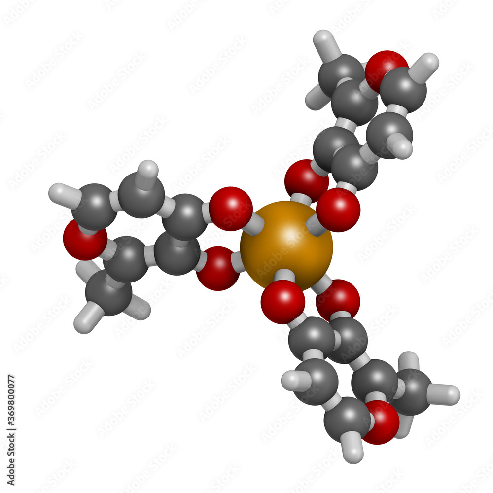Ferric maltol iron deficiency drug molecule. 3D rendering. Atoms are ...
