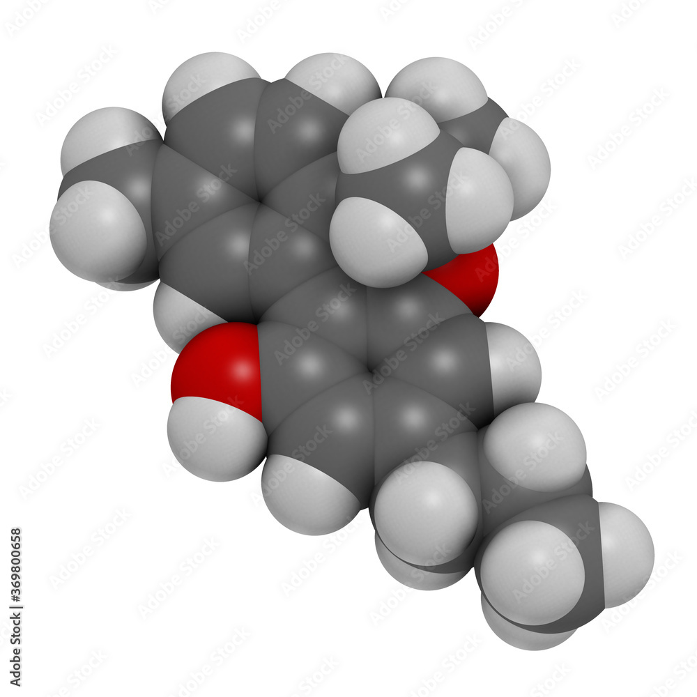 Cannabivarin or cannabivarol cannabinoid molecule. 3D rendering. Atoms ...