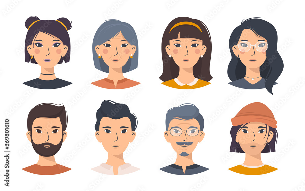 Cartoon flat set of Asian characters, men and women in different looks ...
