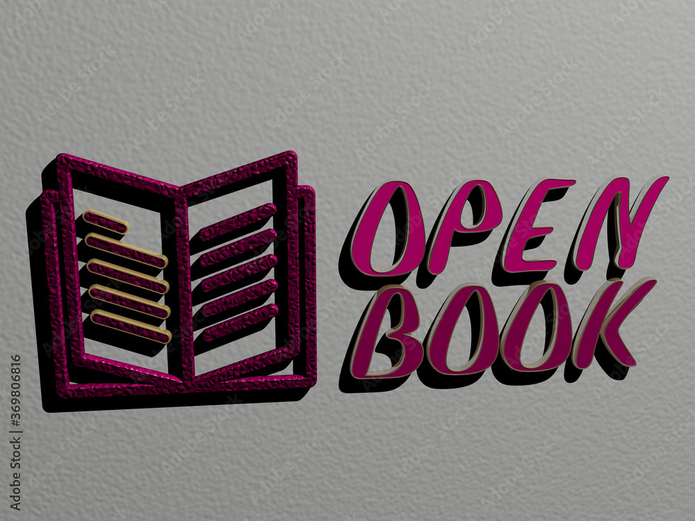 3D representation of open book with icon on the wall and text arranged ...