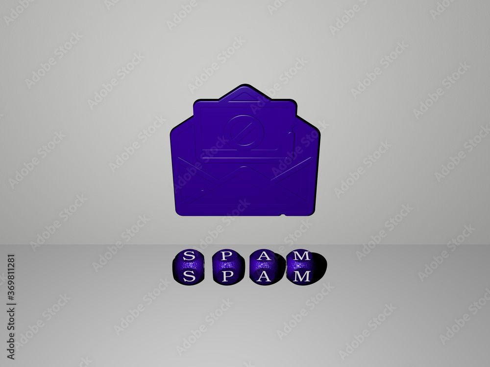 3D illustration of SPAM graphics and text made by metallic dice letters ...