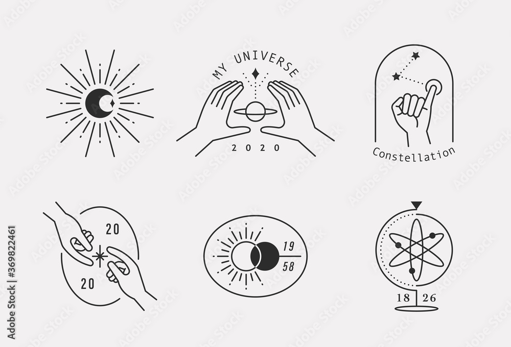 Hand and simple line symbol symbolizing space and science. flat design ...