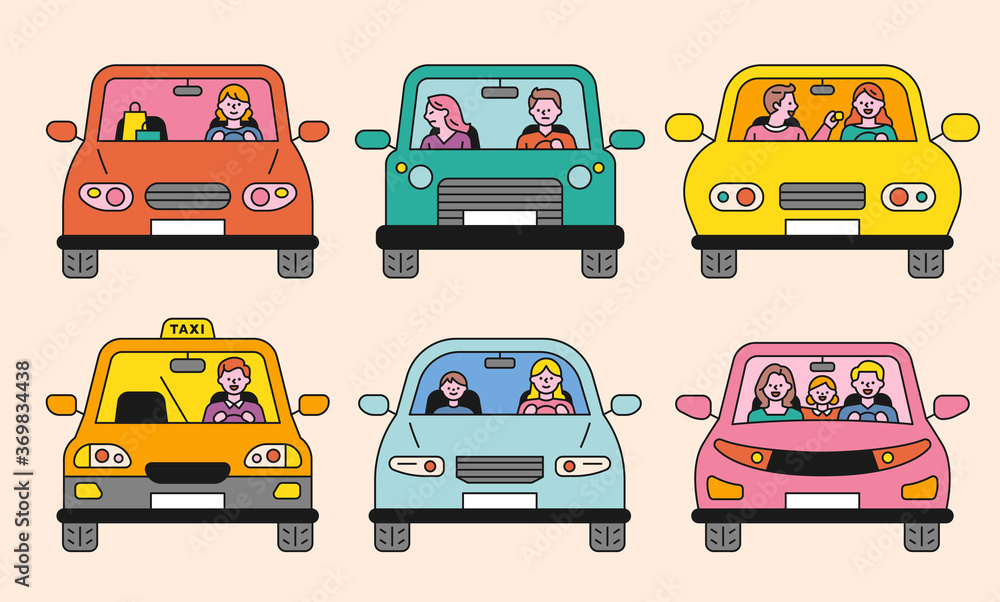 Diverse people in a car. The front of the car. flat design style ...
