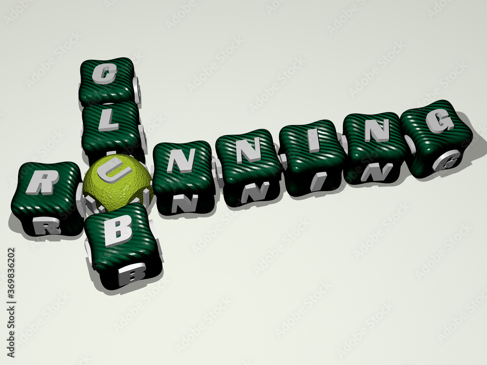 crosswords of RUNNING CLUB arranged by cubic letters on a mirror floor ...