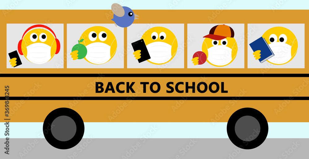 Children emoji wearing face masks on yellow school bus. Back to school ...