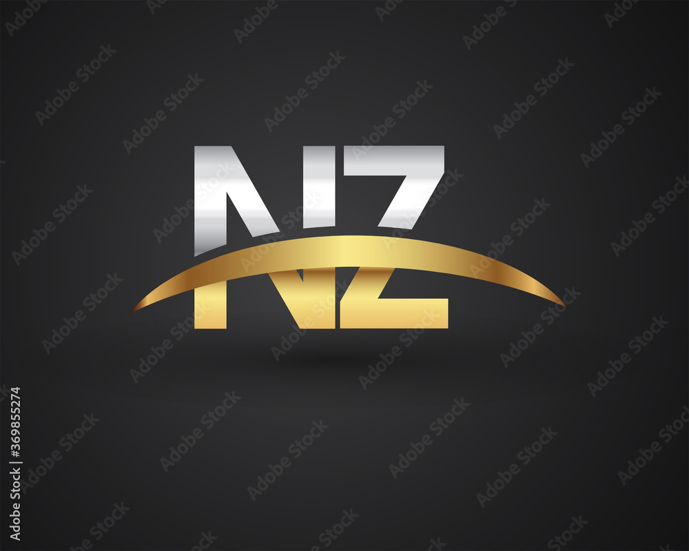 NZ initial logo company name colored gold and silver swoosh design ...