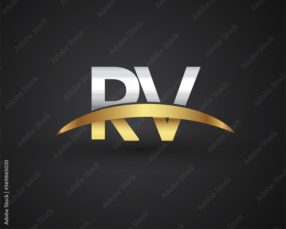 RV initial logo company name colored gold and silver swoosh design ...