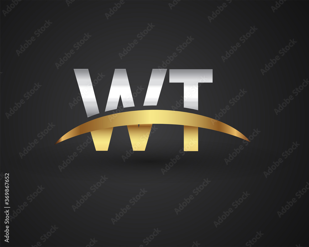 WT initial logo company name colored gold and silver swoosh design ...