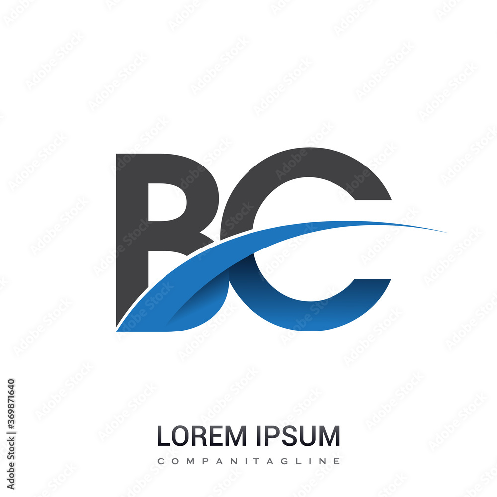 initial letter BC logotype company name colored blue and grey swoosh ...