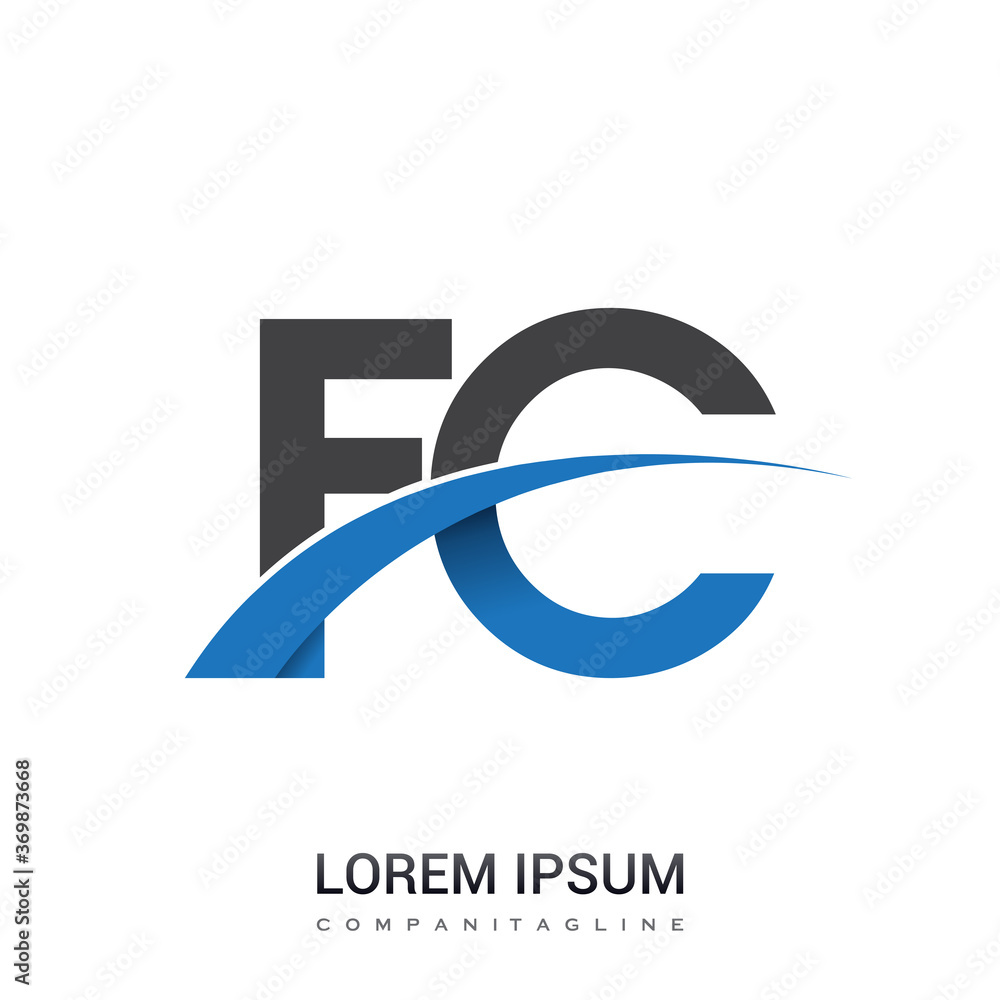 initial letter FC logotype company name colored blue and grey swoosh ...