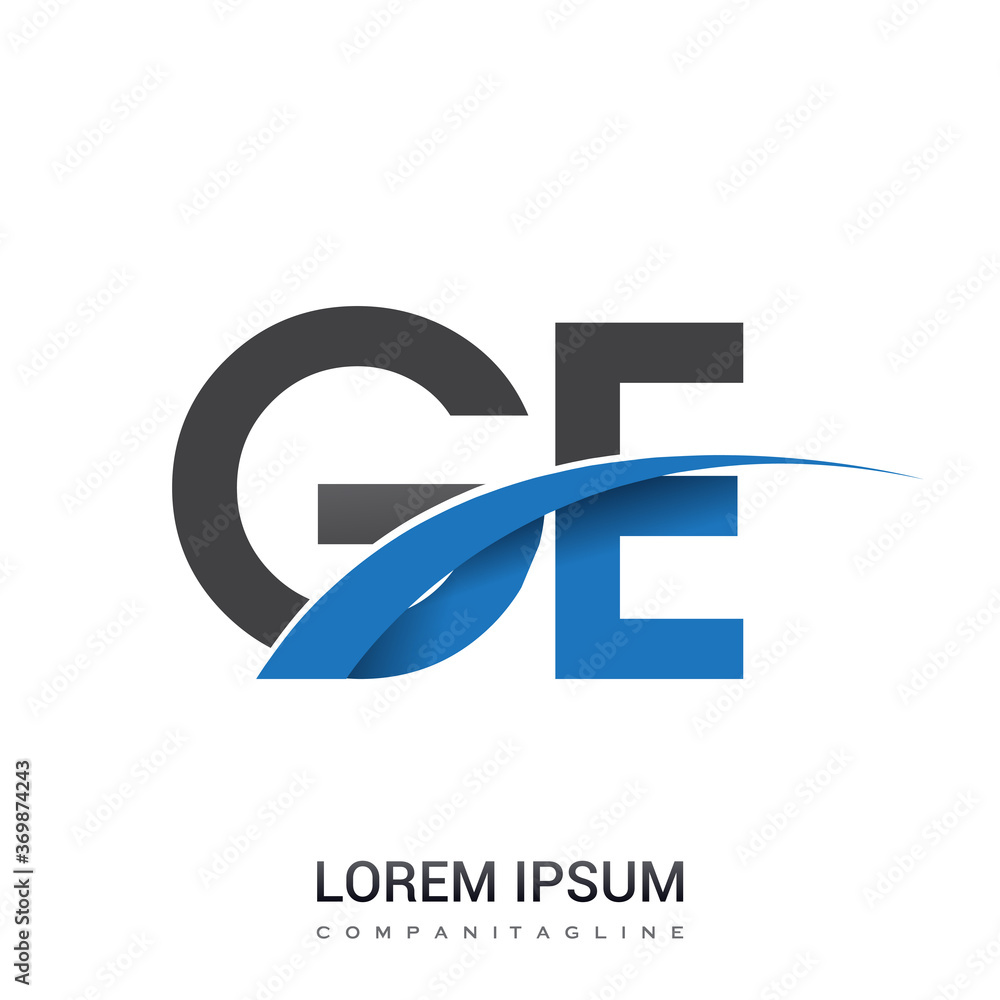 initial letter GE logotype company name colored blue and grey swoosh ...