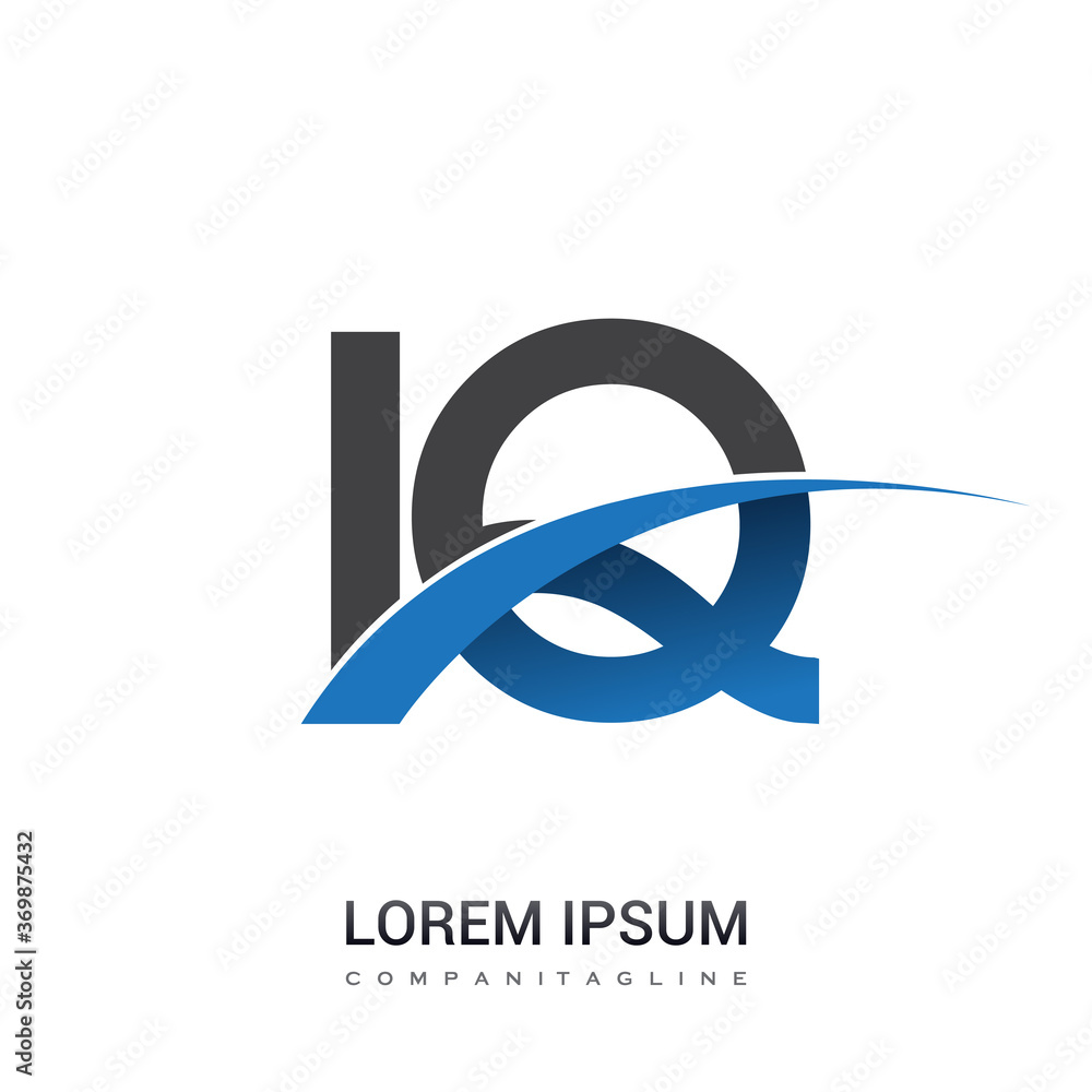 initial letter IQ logotype company name colored blue and grey swoosh ...
