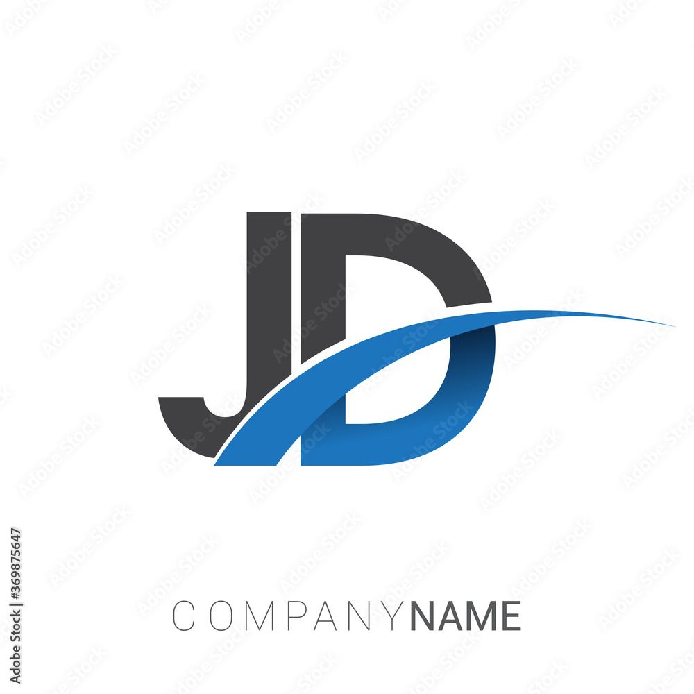 initial letter JD logotype company name colored blue and grey swoosh ...