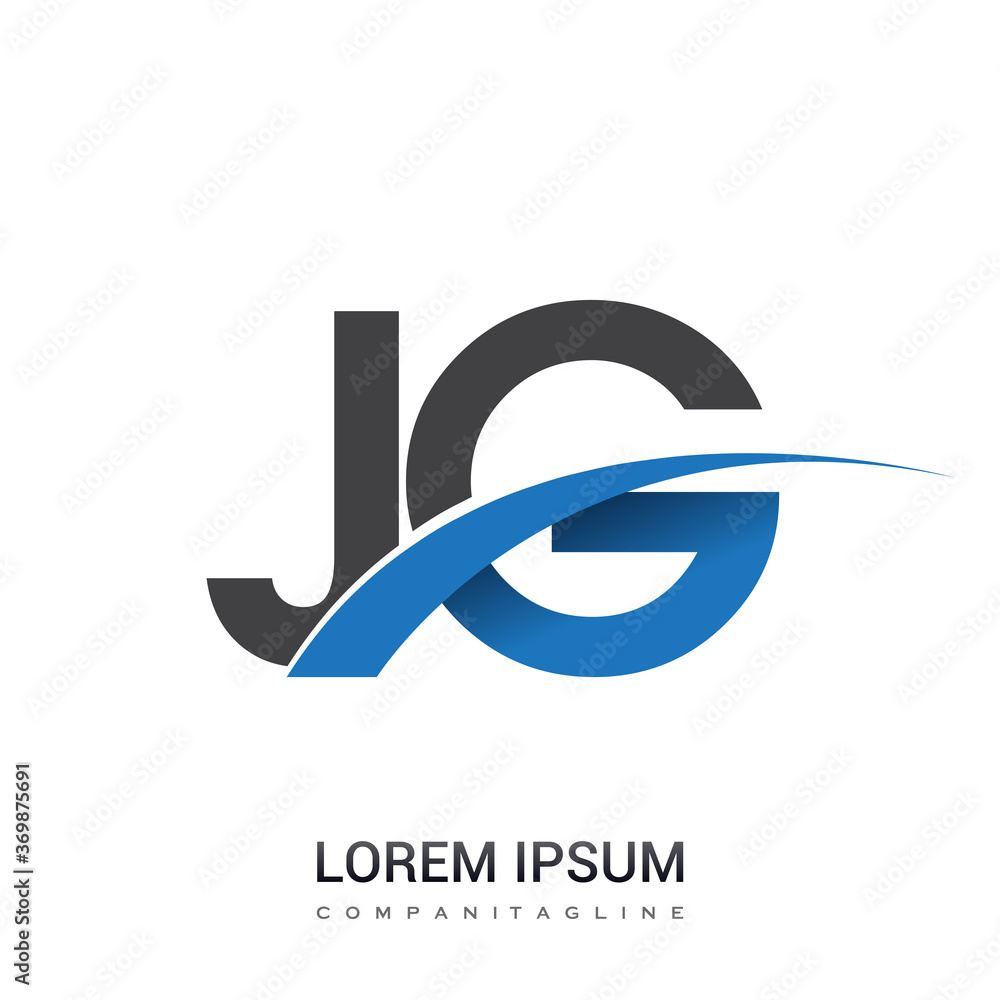 initial letter JG logotype company name colored blue and grey swoosh ...