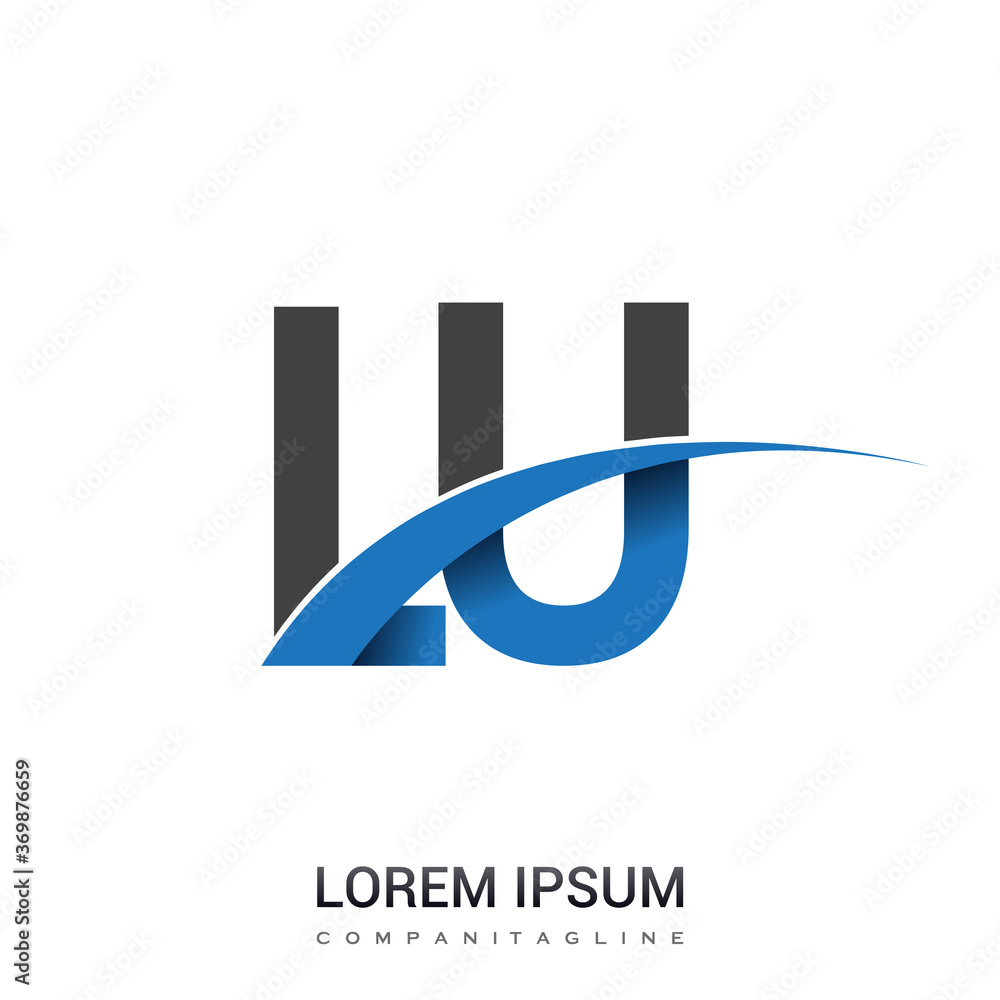 initial letter LU logotype company name colored blue and grey swoosh ...