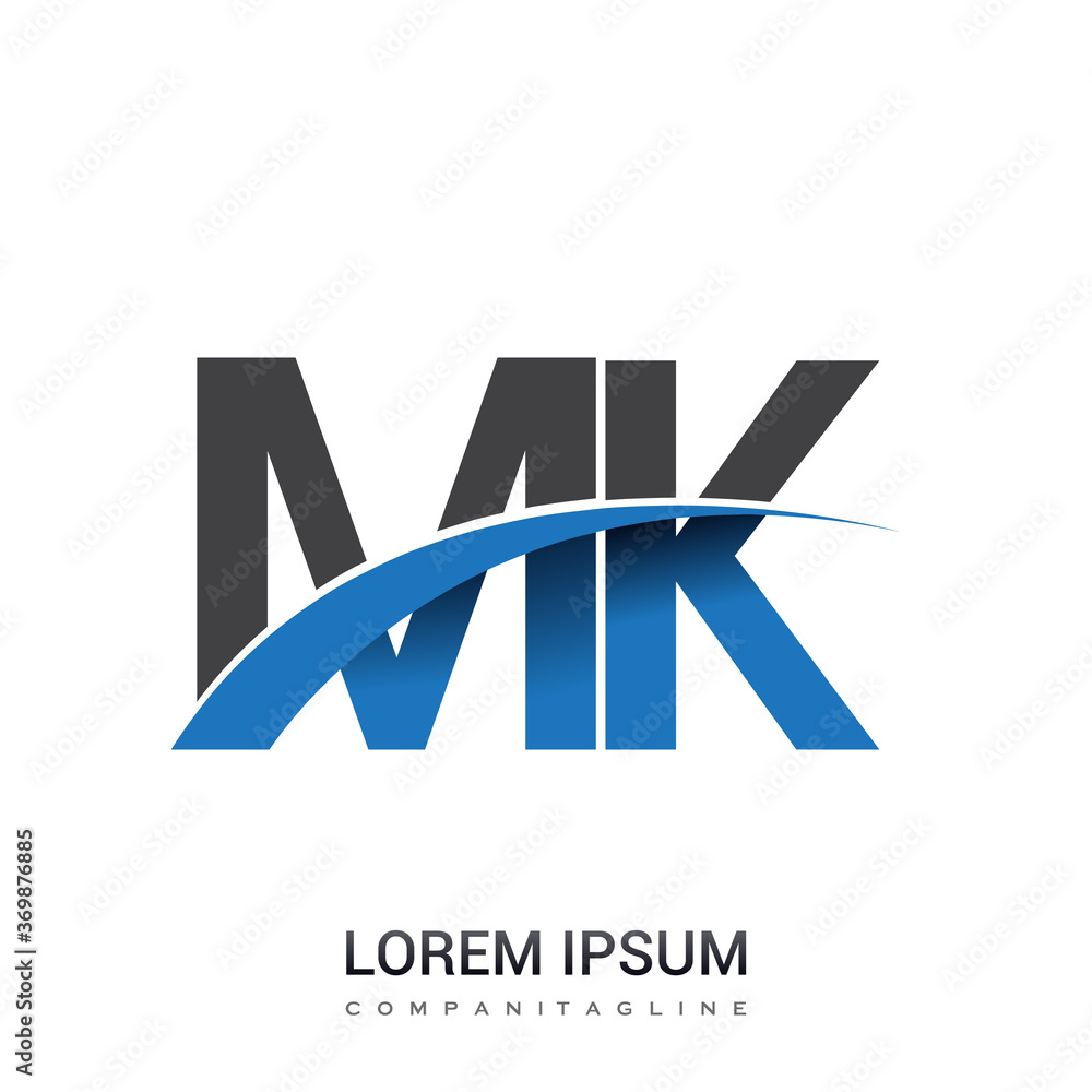 initial letter MK logotype company name colored blue and grey swoosh ...