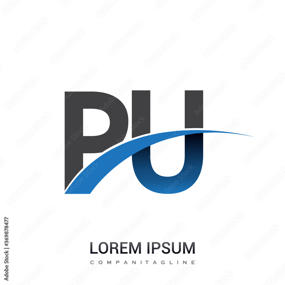 initial letter PU logotype company name colored blue and grey swoosh ...